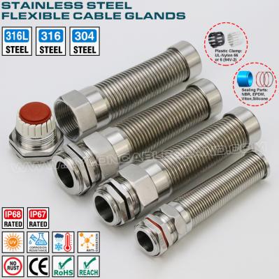 China Spiral Metal Cable Glands NPT1/4-NPT3/4 Stainless Steel Flexible Cable Glands, 304, 316 or 316L Type, IP68 Version, NPT Pitch for sale