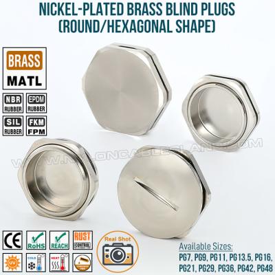 China Nickel-Plated Brass Metal Blind Plug IP68 c/w Locknut & O-ring, Hex or Round, PG7-PG48, for Sealing Enclosures for sale