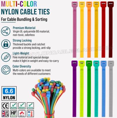 China Colored Cable Tie 200mm x 4.8, 3~50mm Adjustable Nylon 66 Multicolor Zip Tie (222N / 50LBS) for Cable Visual Management for sale