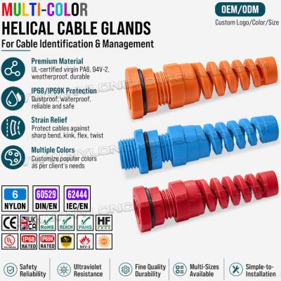 China Colored Spiral Cable Glands with Strain Relief (Blue, Red, Green, Yellow, Gray, Black), Nylon Polyamide 6, PG9, UL94V-2, for 4-8 mm & 2-6 mm Cables for sale
