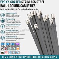 China Black Epoxy-Coated Metal Cable Ties, Ball-Lock Type, 316L/316/304 Stainless Steel, Width 7.9mm x Length 150-1000mm, for Corrosive Environments for sale