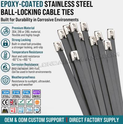China Black Epoxy-Coated Metal Cable Ties, Ball-Lock Type, 316L/316/304 Stainless Steel, Width 7.9mm x Length 150-1000mm, for Corrosive Environments for sale