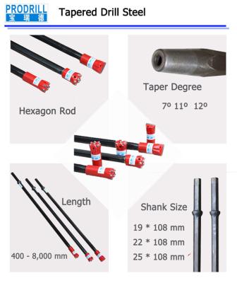 China Hex.19mm 108mm Carburized Anti-Wear Tapered Drill Rods for Mining for sale