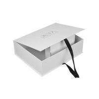 China white flap foldable magnet Cloth Paper Box with black ribbon for sale