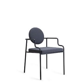 China Sleek Commercial Armchair Circular Backrest Padded Square Seat Black Metal Frame for sale