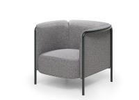 China Barrel Shaped Commercial Fabric Leisure Chair Black Metal Frame For Hotel Office for sale