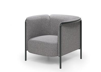 China Barrel Shaped Commercial Fabric Leisure Chair Black Metal Frame For Hotel Office for sale