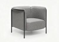 China Barrel Shaped Commercial Fabric Leisure Chair Black Metal Frame For Hotel Office for sale