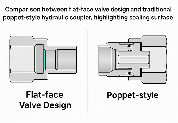Comparison between flat-face valve design and traditional poppet-style hydraulic coupler, highlighting sealing surface.
