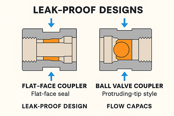 Diagram highlighting seal locations, external dust rings, and valve interface in Carterberg ISO 16028 flat-face hydraulic couplers