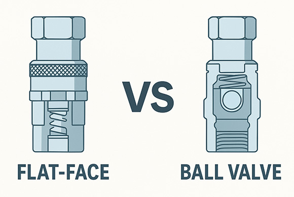 Infographic showing reduced contamination and leakage in flat-face couplers versus traditional ball valve types