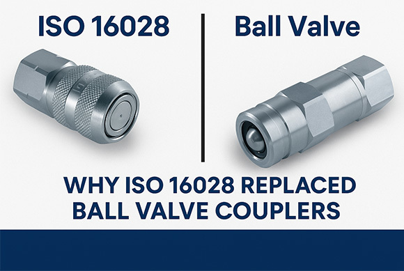 Visual comparison of ISO 16028 flat-face hydraulic coupler and traditional ball valve design, highlighting key differences in sealing and spillage prevention