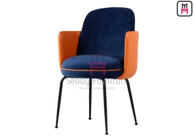 China Armrests Comfortable Restaurant Chairs Upholstered Fabric With Black Iron Feet for sale