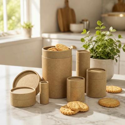 China Custom Size Biodegradable Recyclable Kraft Paper Canister for Cookie Candy Snacks Cereal Eco-Friendly Cylinder Cookie Paper Tube for sale