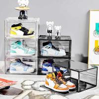 China Transparent Acrylic Plastic Stackable Drop Front Clear Shoe Box For Display for sale