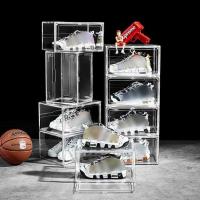China White Glass Drop Front Plastic Shoe Display Box Magnetic Stackable for sale
