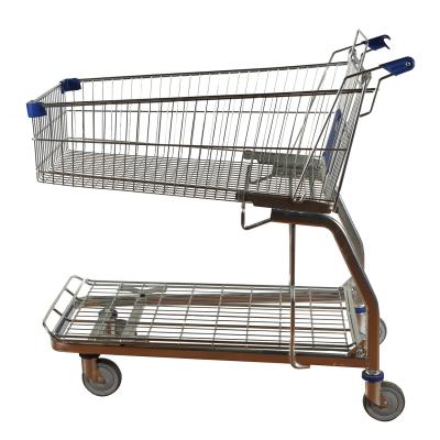 China Long Metal Wire Mesh Cage Supermarket Large Grocery Store Handcart With Chassis Wholesale for sale