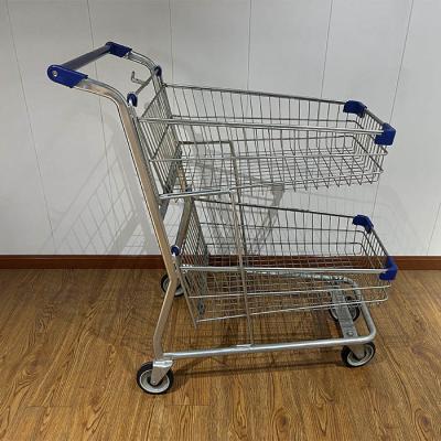China American Style Two Layers Metal Supermarket Shopping Cart Trolley with 4 Universal Wheels for sale