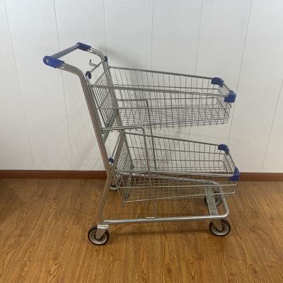 China American Style Two Layers Metal Supermarket Shopping Cart Trolley with 4 Universal Wheels for sale