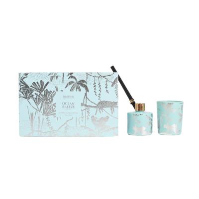China Gold Stamping CLP Glass Jar Home Fragrance Gift Set 50ml Reed Diffuser Scented Candle for sale