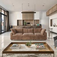 China Custom Wood Frame Corner Sofa Modular Sectional 3 Seater Brown Corduroy Fabric Sponge Couch Living Room for sale