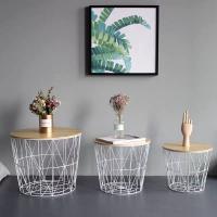China Modern Round Nightstand Side Table with Metal Mesh Base and Wood Top for Living Room Bedroom Office for sale