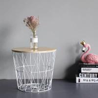 China Modern Round Nightstand Side Table with Metal Mesh Base and Wood Top for Living Room Bedroom Office for sale