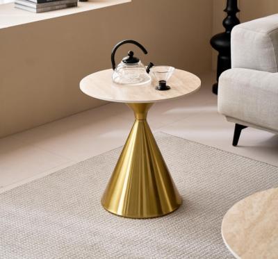 China 50cm Round Travertine Porcelain Slab Coffee Table with Electroplated Iron Base for Living Room for sale