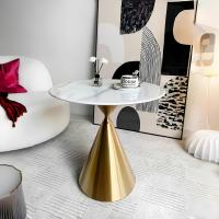 China 50cm Round Travertine Porcelain Slab Coffee Table with Electroplated Iron Base for Living Room for sale