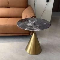 China 50cm Round Travertine Porcelain Slab Coffee Table with Electroplated Iron Base for Living Room for sale