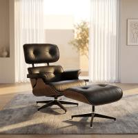 China Large Leather Swivel Arm Recliner Lounge Chair with Ottoman Black Walnut Aluminum Base 360 Degree for sale