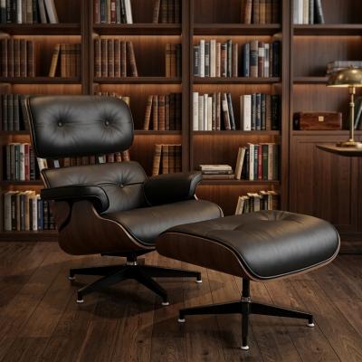 China Large Leather Swivel Arm Recliner Lounge Chair with Ottoman Black Walnut Aluminum Base 360 Degree for sale