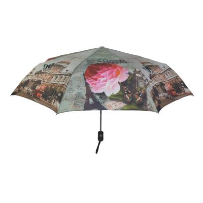 China 21 Inch Auto Open Close Metal Frame Fiberglass Ribs Foldable Umbrella Full Color Printing for sale