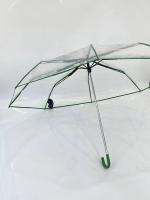 China Custom Logo 21 Inch Manual Open Three Fold Transparent Umbrella with Leather Handle for sale