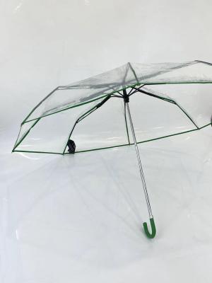 China Custom Logo 21 Inch Manual Open Three Fold Transparent Umbrella with Leather Handle for sale
