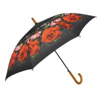 China Windproof Wooden Handle Umbrella 8 Fiberglass Ribs Pongee Canopy Standard Size for sale