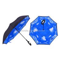 China Custom Logo Reverse Inverted Umbrella 23 Inch Fiberglass Ribs Rubber Handle Wind Resistant for sale