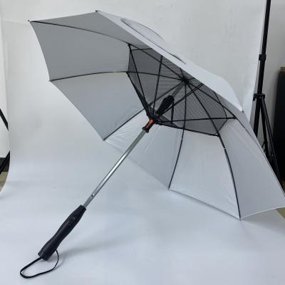 China 23 Inch 8 Ribs Pongee Folding Straight Umbrella with UV Protection and Cooling Water Spray Fan for sale
