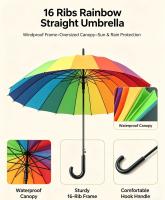 China Bright Rainbow 16K Long Handle Straight Umbrella 27 Inch Large Space Sun Rain Umbrella for Family Outdoor for sale