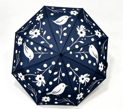 China Navy Blue White Bird Floral Print Automatic 3 Fold Umbrella Anti UV Windproof Sun Rain Parasol for Women Daily Travel Outdoor Commute for sale
