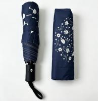 China Navy Blue White Bird Floral Print Automatic 3 Fold Umbrella Anti UV Windproof Sun Rain Parasol for Women Daily Travel Outdoor Commute for sale