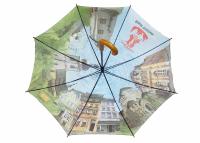 China Customized Printed Auto Open Stick Umbrella Curved Handle Unique Canopy for sale