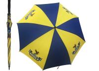 China Fiberglass Frame Auto Open Promotional Golf Umbrella 130cm Blue Yellow EVA Foam Handle for sale