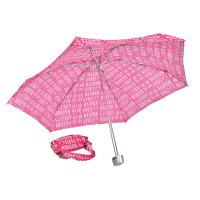 China Pink Letters Pattern Triple Folding Aluminium Umbrella with 8mm Metal Shaft and Auto Open Function for sale
