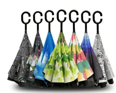 China Double Layer Folding Reverse Inverted Umbrella 21 Inch Auto Open Close C Handle for sale