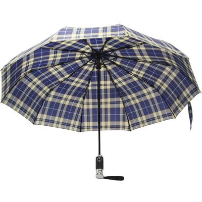 China Navy Check Stripe Pongee Fabric 3 Fold Umbrella 8mm Metal Shaft Auto Open Close for Men for sale