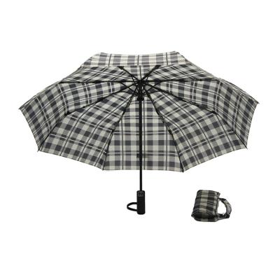 China Black White Grid 8mm Metal Shaft Three Folding Umbrella Automatic Open Close for sale