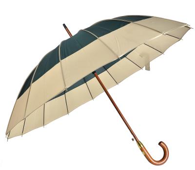 China 16 Ribs Wooden Shaft RPET Pongee Automatic Open Umbrella 25 Inch Blue for sale