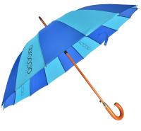 China 16 Ribs Wooden Shaft RPET Pongee Automatic Open Umbrella 25 Inch Blue for sale