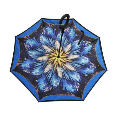 China 23-Inch Custom Fiberglass Frame Reverse Inverted Umbrella with C-Shape Handle and Double Layer UPF50+ Protection for sale